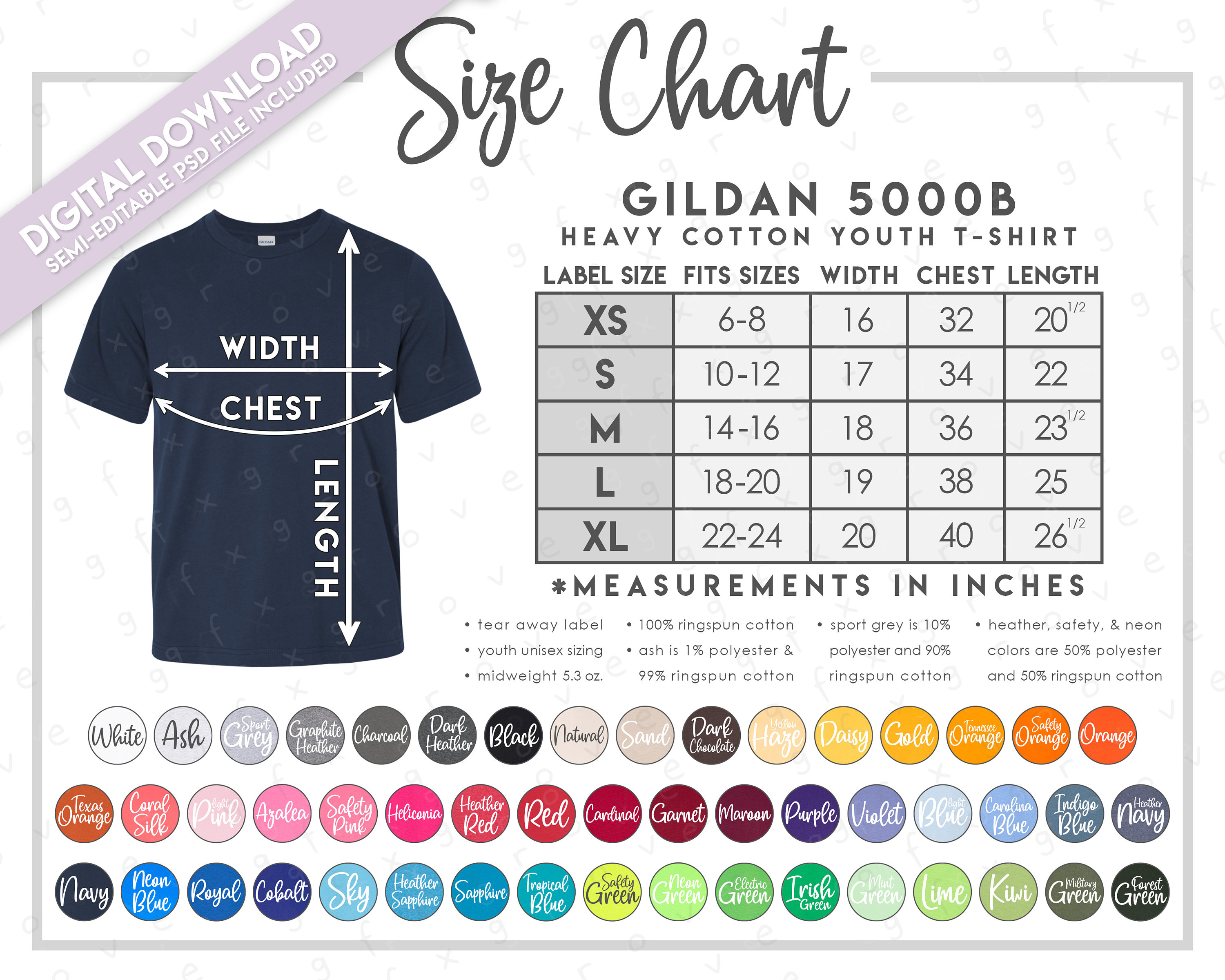 Semi Editable G500B Size Chart Color Chart Heavy Cotton - Etsy