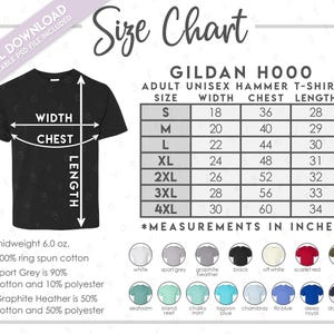Semi-editable Gildan H000 Size Chart + Color Chart • Gildan Adult ...