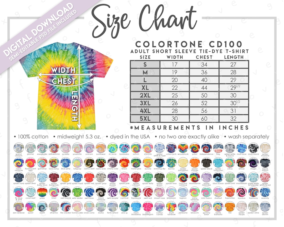 Semi-editable Colortone CD100 Size + Color Chart • Adult Unisex Tie-dye ...