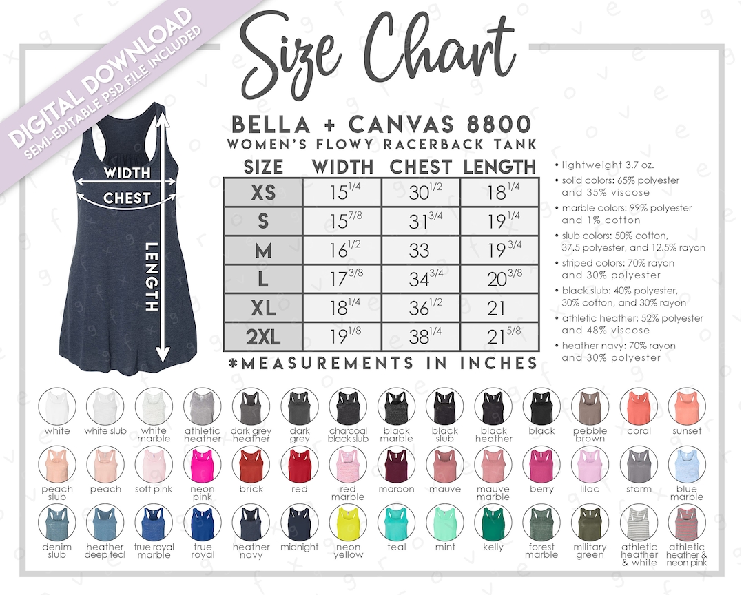 Semi-editable Bella + Canvas 8800 Size + Color Chart • Bella Canvas Women's Flowy Racerback Tank ...