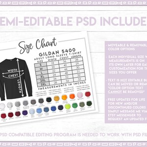 Semi-editable Gildan 5400 Size Chart + Color Chart • Gildan Adult Long ...