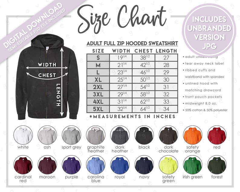 Semi-editable Gildan 18600 Size + Color Chart • Gildan Full Zip Hooded ...