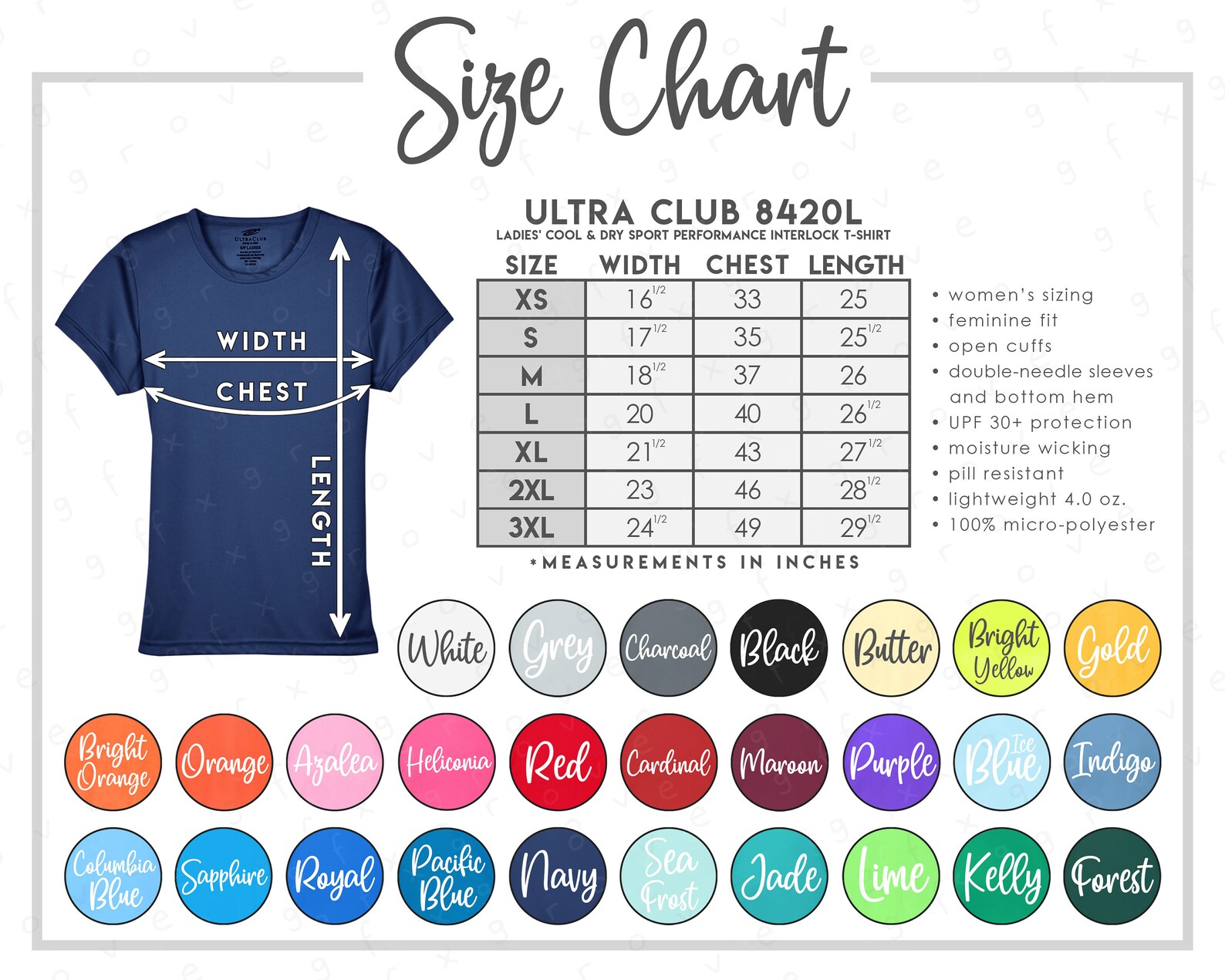 Ultra Club 8420L Size + Color Chart • Ultra Club Ladies Cool & Dry ...