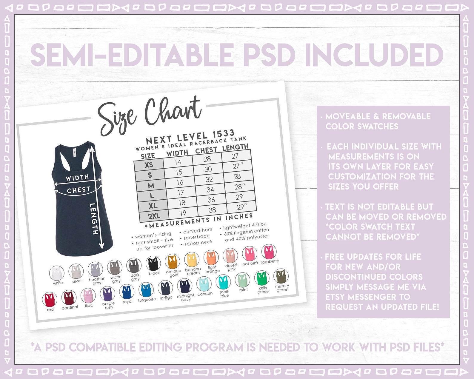 Semi-editable Next Level 1533 Size + Color Chart • Next Level Ideal ...