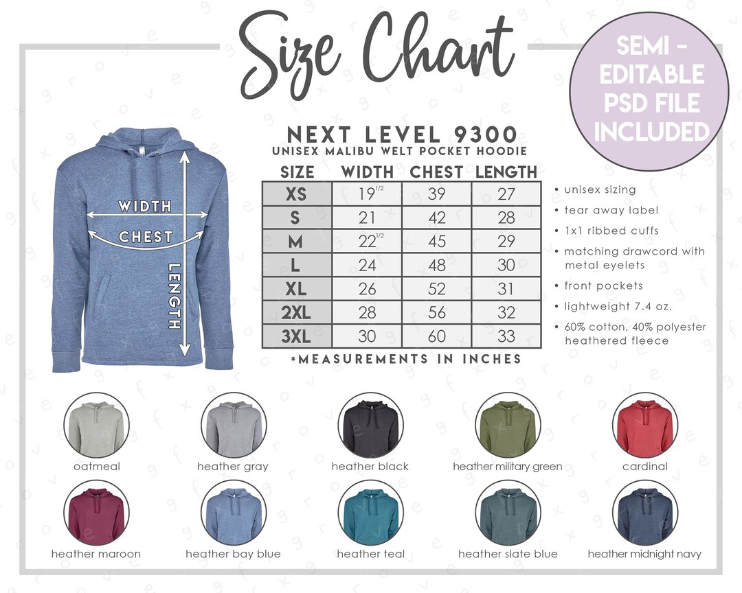 Semi-editable Next Level 9300 Size + Color Chart • Next Level Malibu ...