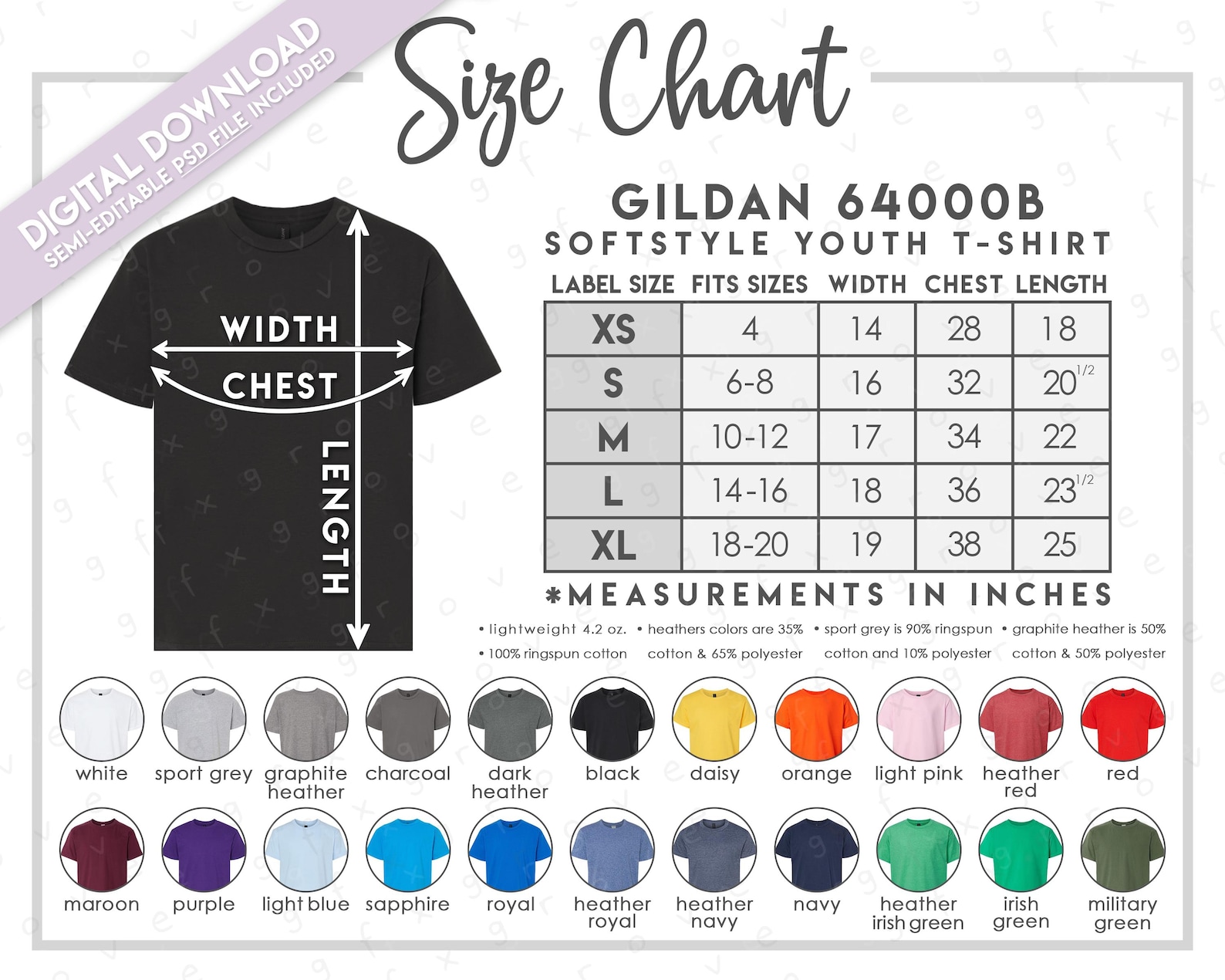 Semi-editable Gildan 64000B Size Chart + Color Chart • Gildan Softstyle ...
