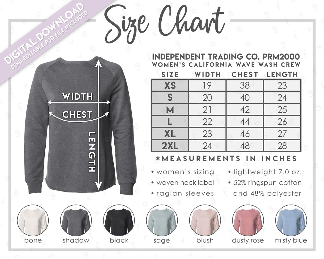 Semi-editable Independent Trading Company PRM2000 Size + Color Chart ...