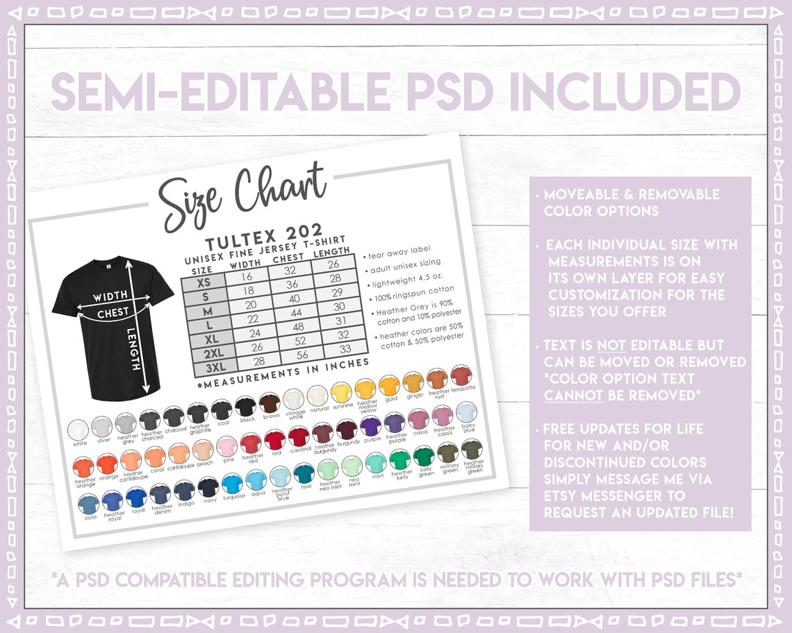 Semi-editable Tultex 202 Size + Color Chart • Tultex Unisex Fine Jersey ...