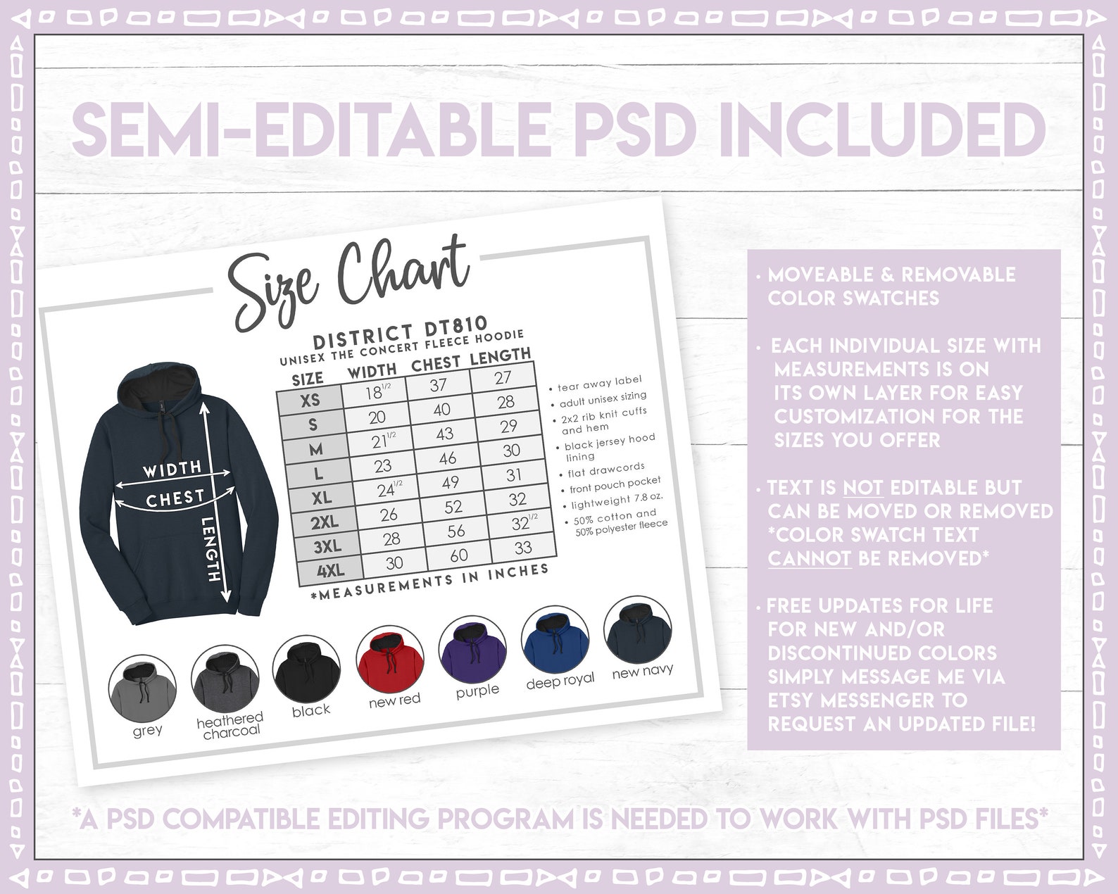 Semi-editable District DT810 Size Color Chart District - Etsy