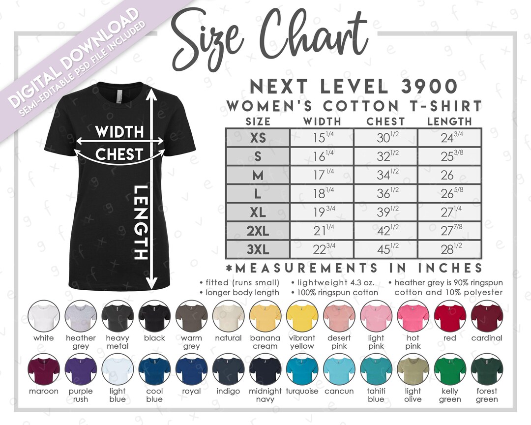 Semi-editable Next Level 3900 Size + Color Chart • Next Level Women's ...
