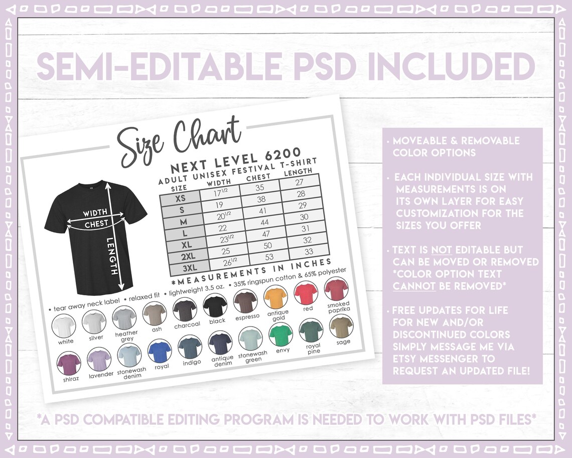 Semi-editable Next Level 6200 Size + Color Chart • Next Level Size ...