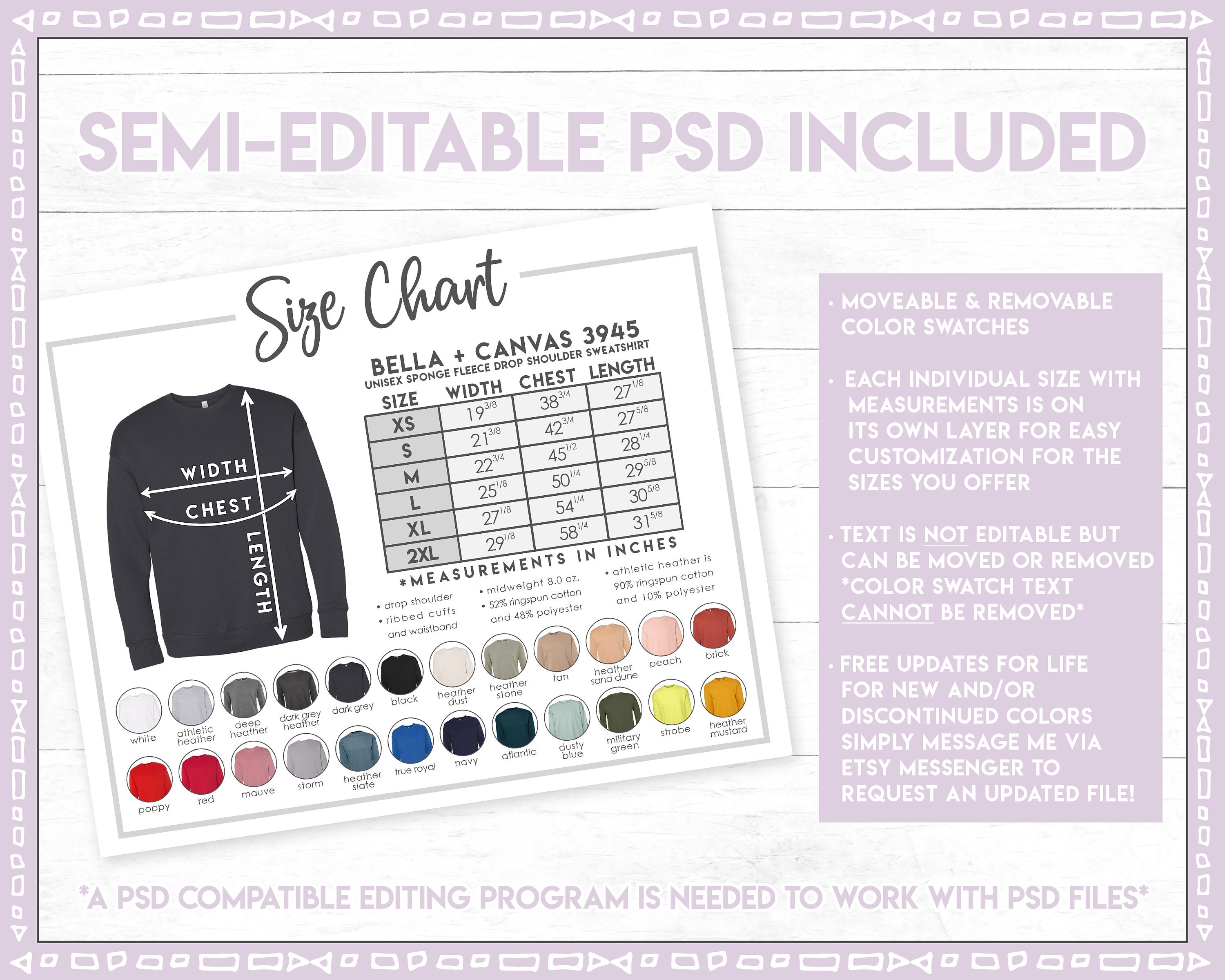 Semi-editable Bella + Canvas 3945 Size + Color Chart • Bella Canvas ...
