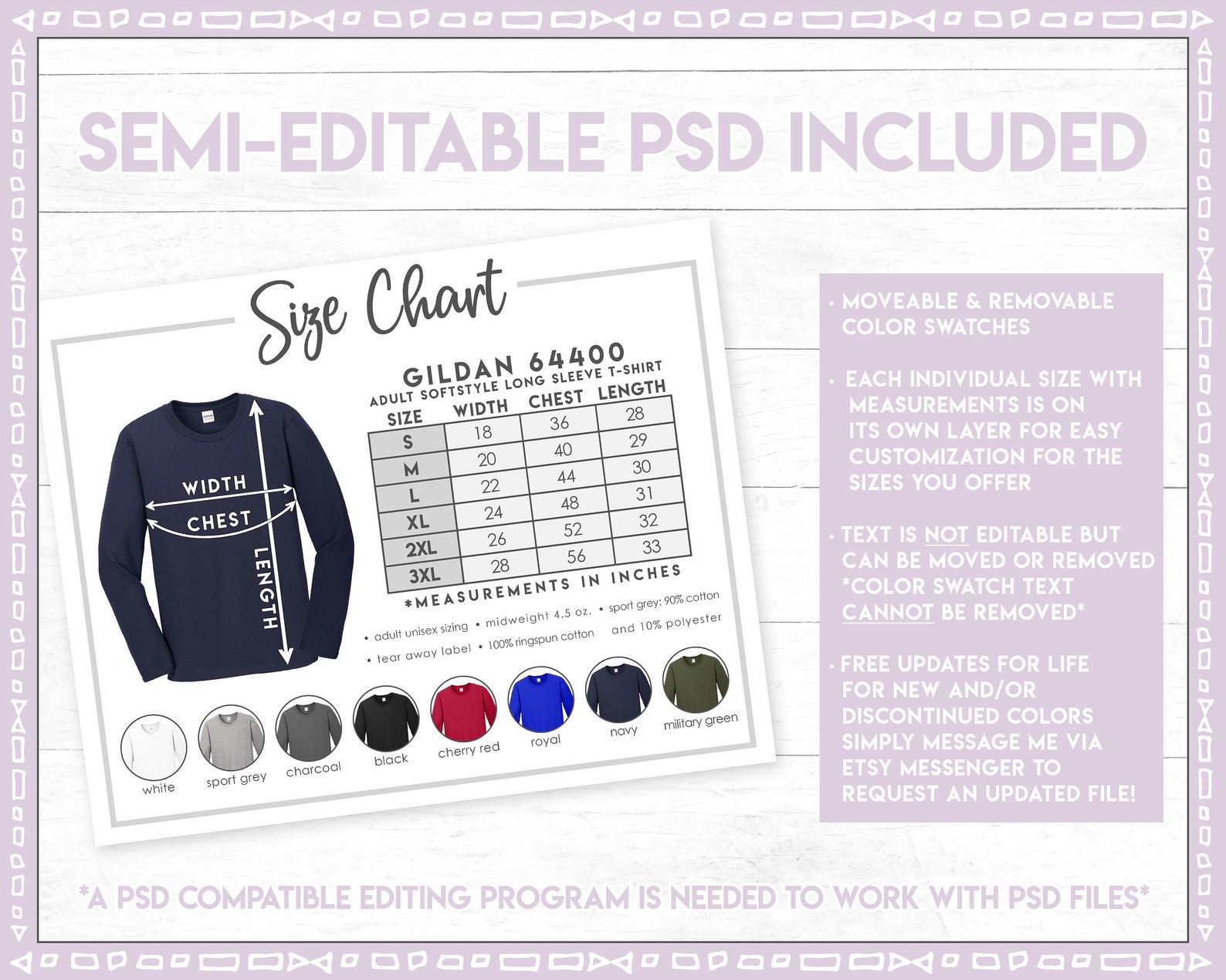 Semi-editable Gildan 64400 Size Chart + Color Chart • Gildan Softstyle ...
