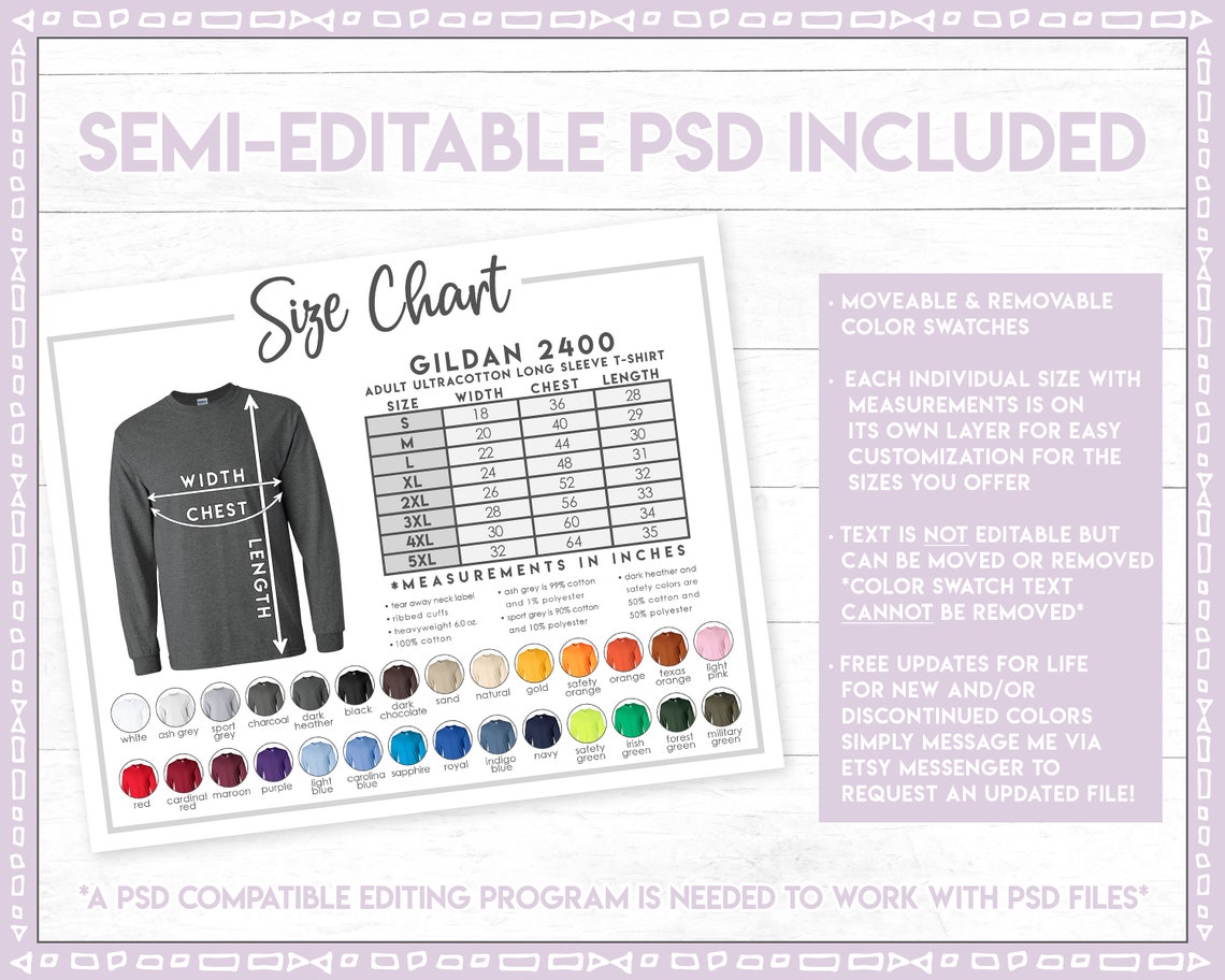Semi-editable Gildan G240 Size Chart + Color Chart • Gildan 2400 Ultra ...