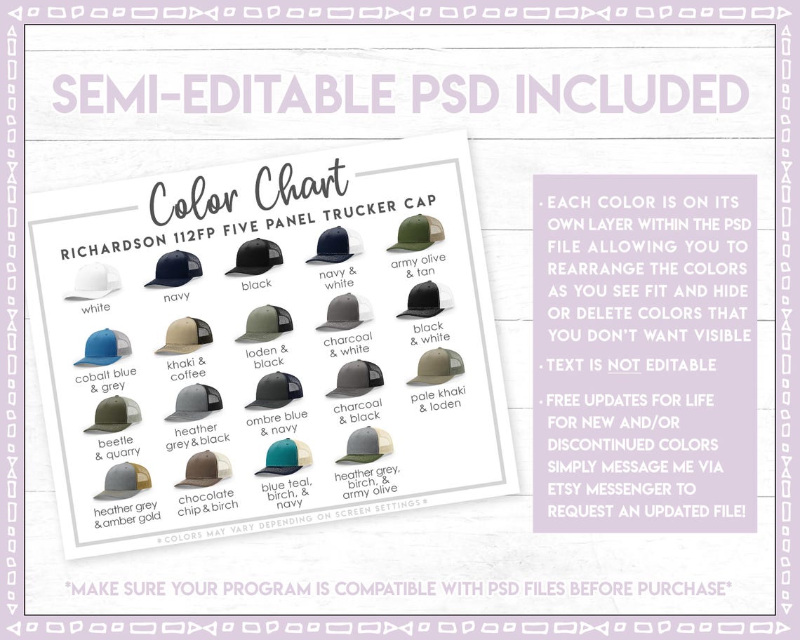Semi-editable Richardson 112FP Color Chart • Richardson Five Panel ...