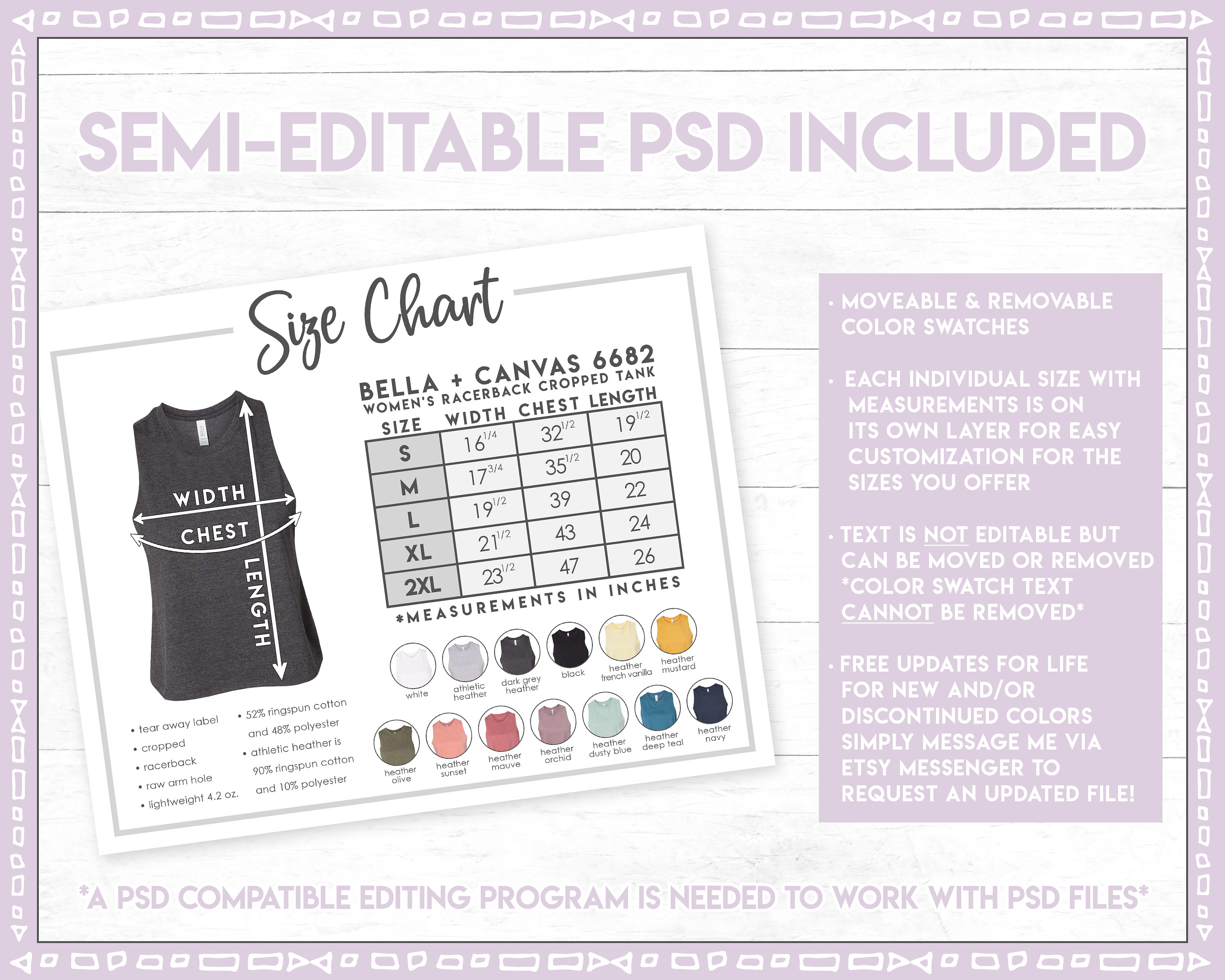 Semi-editable Bella + Canvas 6682 Size + Color Chart • Bella Canvas ...