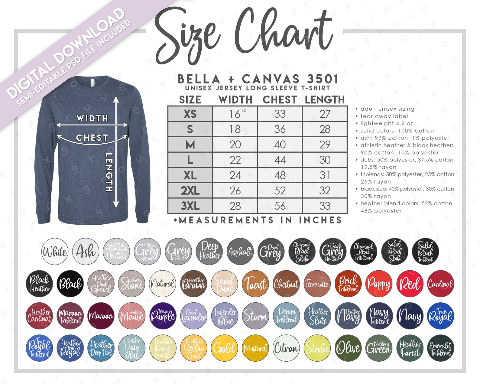Semi-editable Bella Canvas 3501 Size Color Chart Updated - Etsy