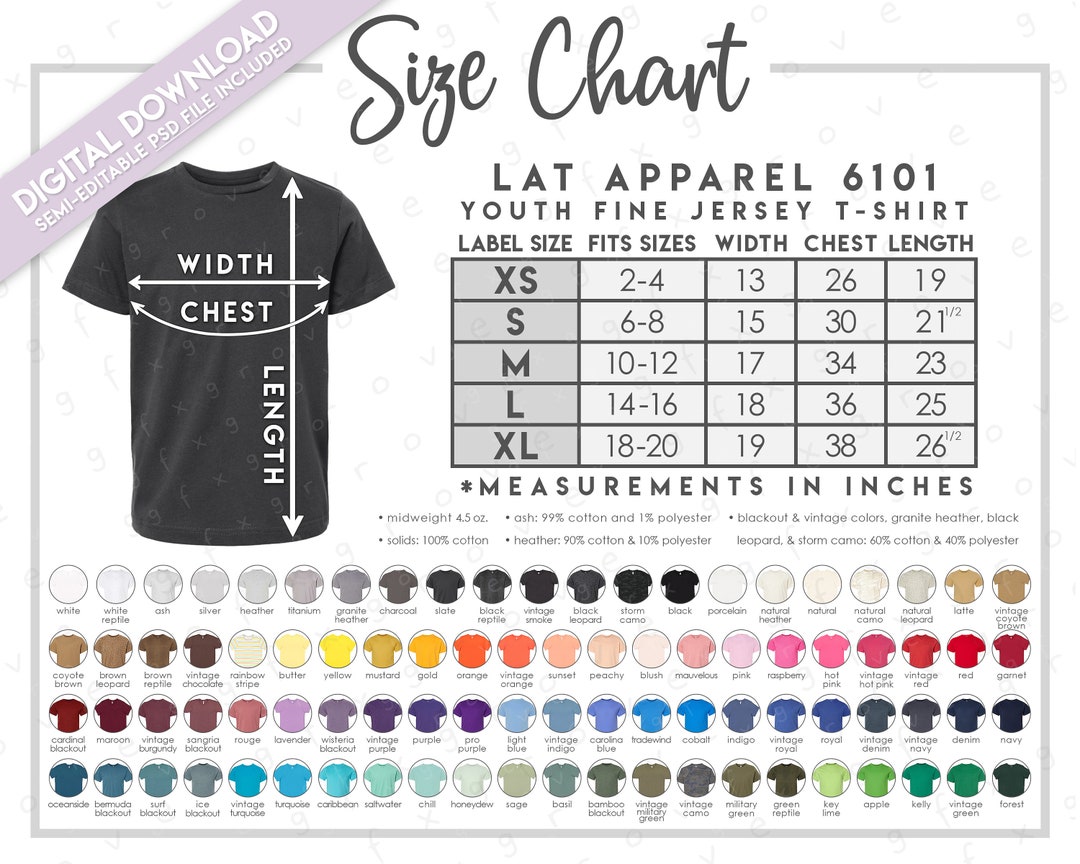 Semi-editable LAT 6101 Size + Color Chart • LAT Unisex Youth Fine ...