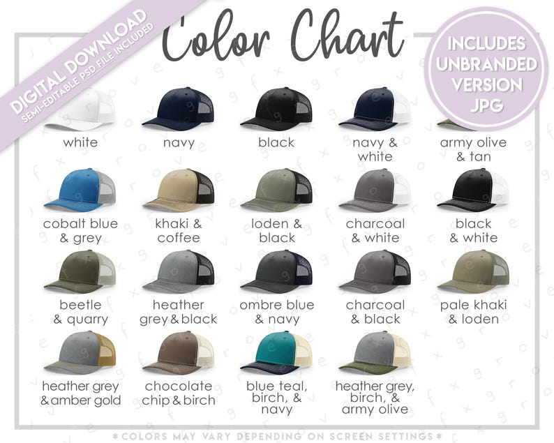 Semi-editable Richardson 112FP Color Chart • Richardson Five Panel ...