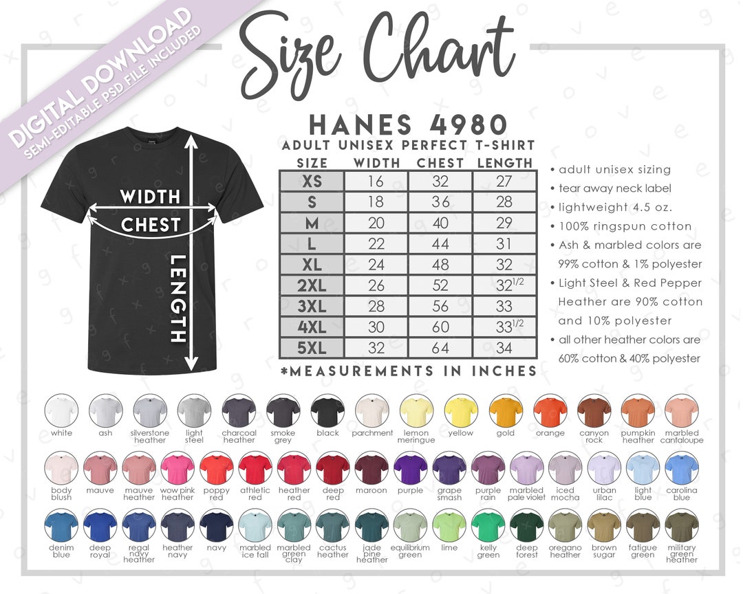 Semi-editable Hanes 4980 Size Chart + Color Chart • Hanes Perfect T ... Semi-editable Hanes 4980 Size Chart + Color Chart • Hanes Perfect T ...