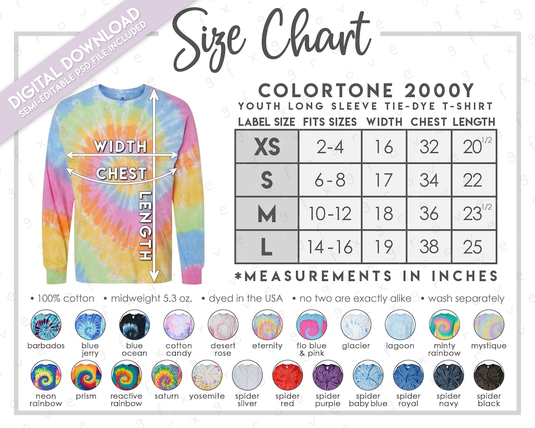 Semi-editable Colortone 2000Y Size + Color Chart • Youth Unisex Tie-dye ...