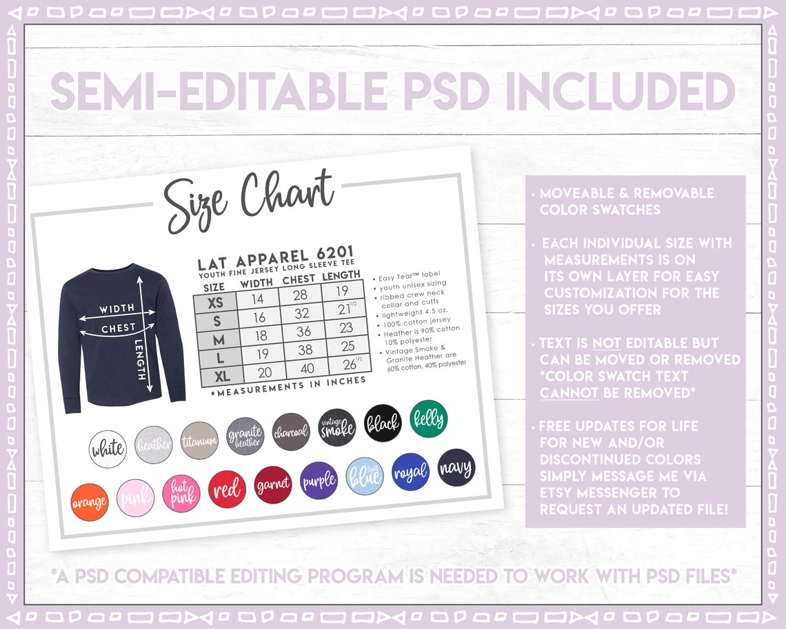 Semi-editable LAT Apparel 6201 Size Color Chart LAT - Etsy