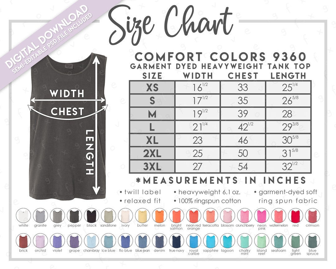 Semi-editable Comfort Colors 9360 Size + Color Chart • Comfort Colors ...