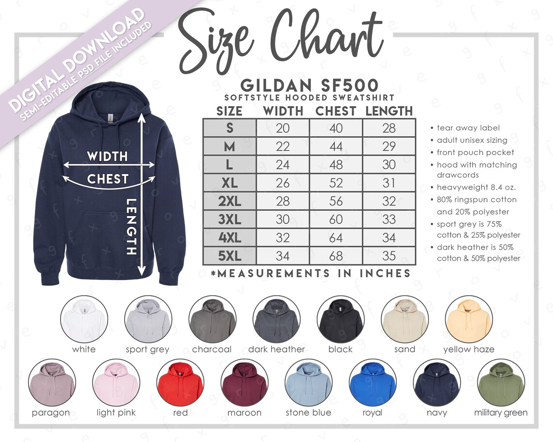 Semi-editable Gildan SF500 Size Chart Color Chart SF500 - Etsy