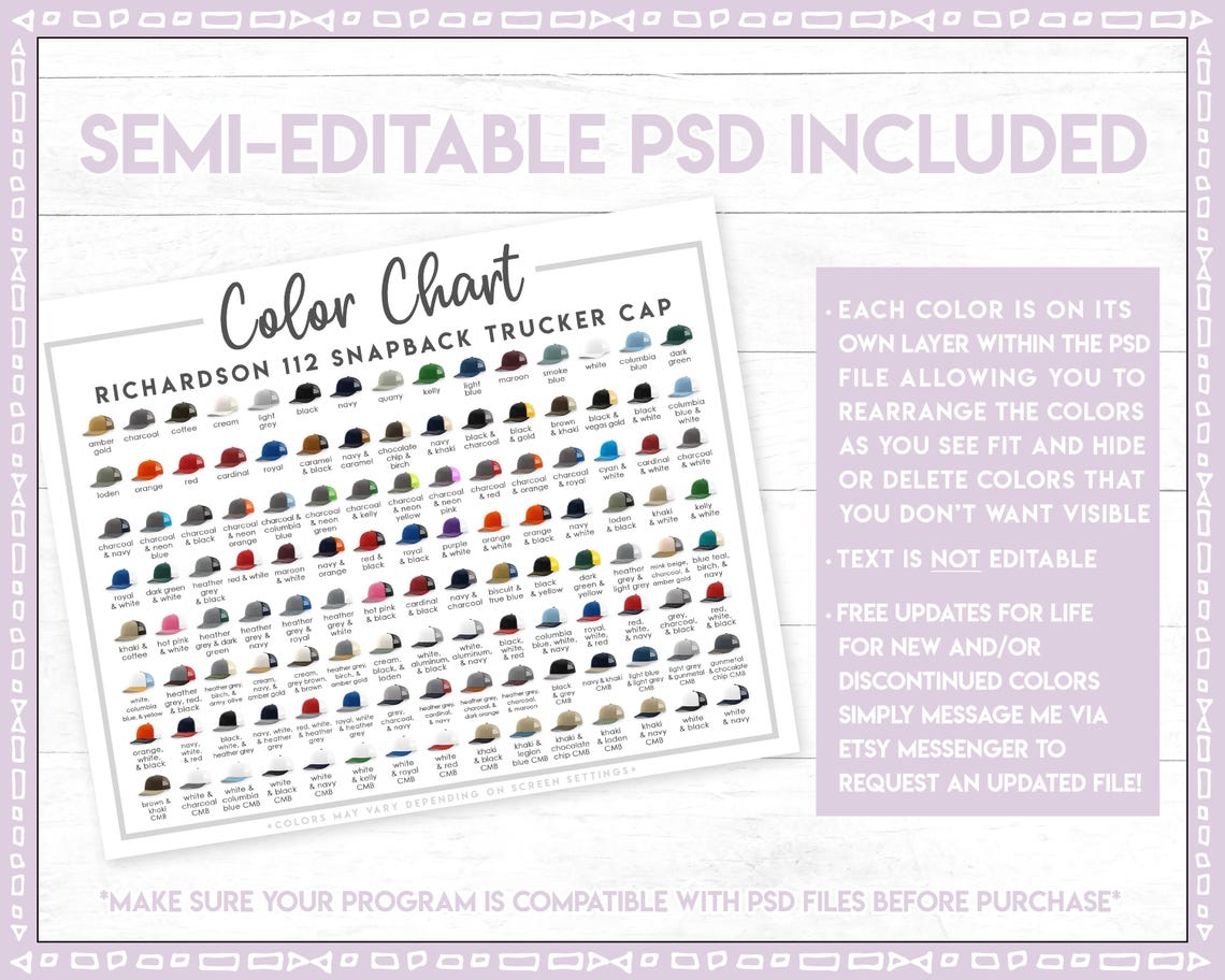 Semi-editable Richardson 112 Color Chart • Richardson Snapback Trucker ...
