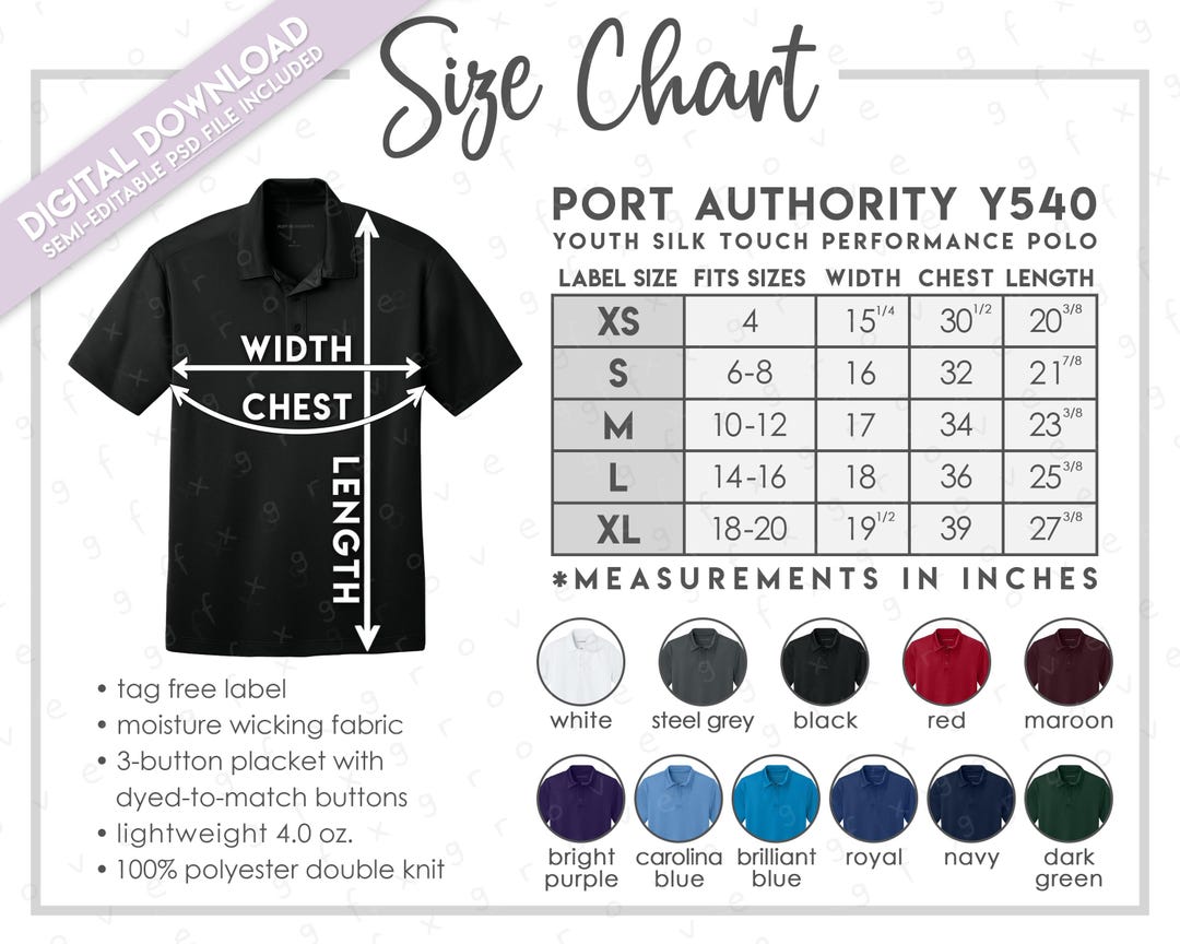 Semi-editable Port Authority Y540 Size + Color Chart • Port Authority ...