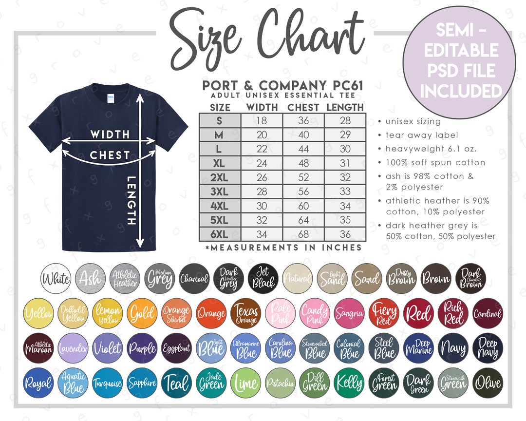 Semi-editable Port & Company PC61 Size + Color Chart • Adult Unisex ...