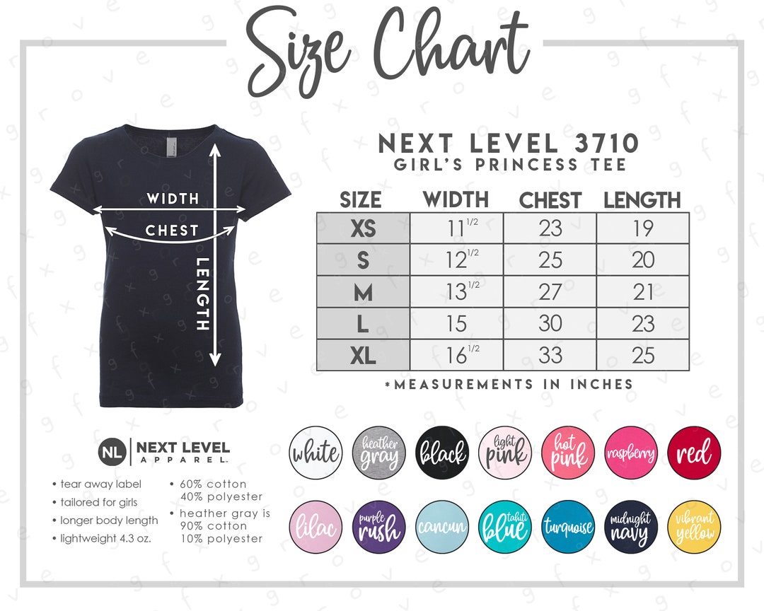 Next Level 3710 Size + Color Chart • 14 COLORS • Next Level Girl's ...