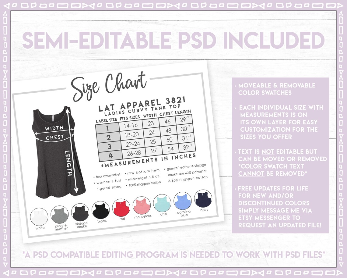 Semi-editable LAT Apparel 3821 Size Color Chart LAT - Etsy