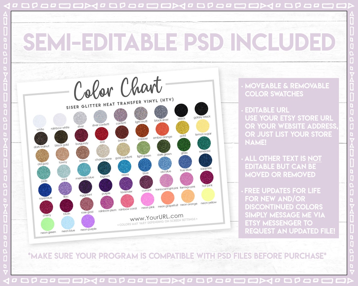 Siser Glitter HTV Color Chart • 57 COLORS • Semi-editable PSD • Siser ...