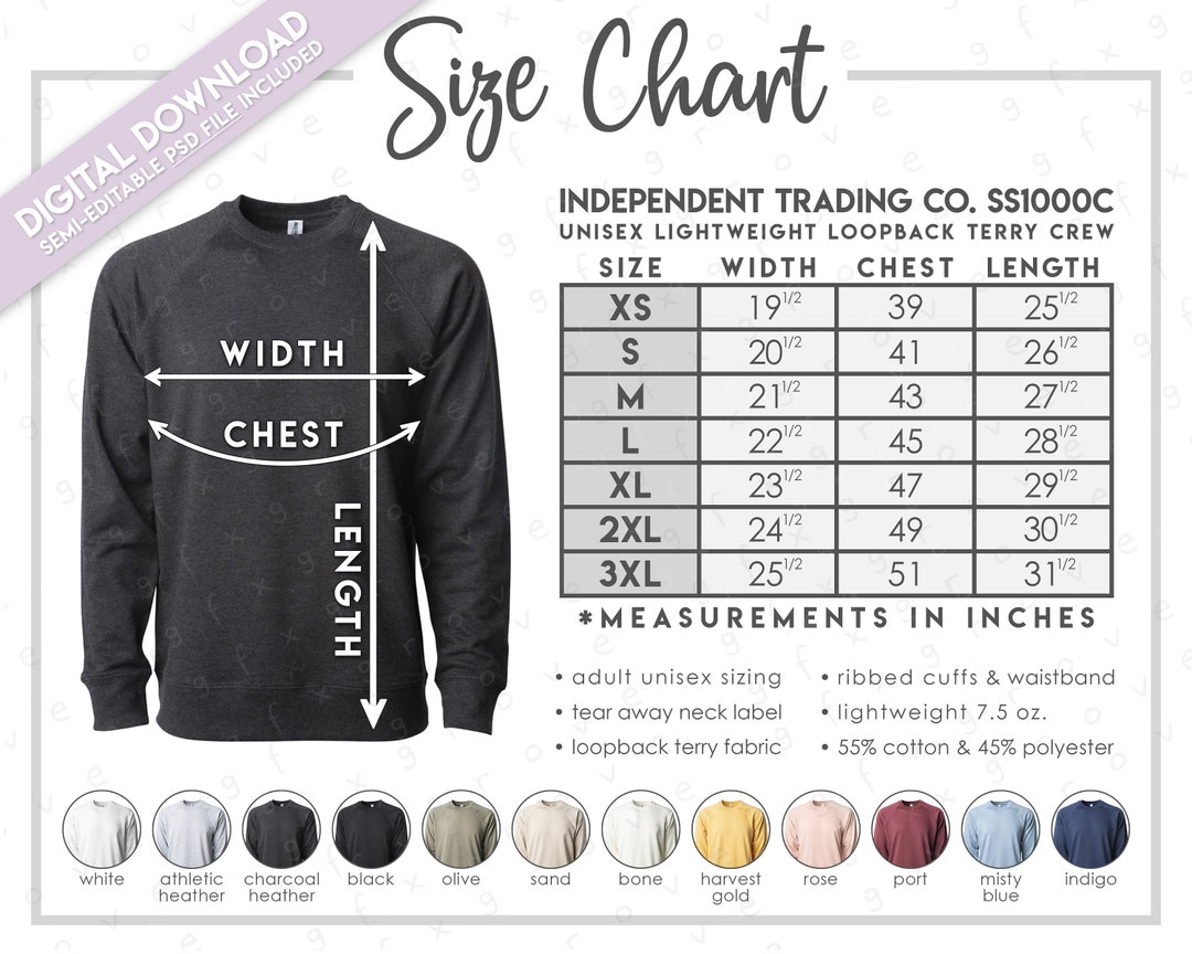 Semi-editable Independent Trading Company SS1000C Size + Color Chart ...