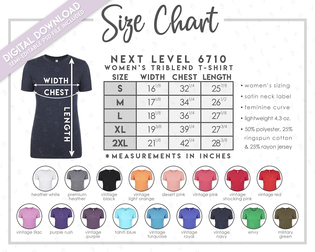 Semi-editable Next Level 6710 Size + Color Chart • Next Level Women's ...