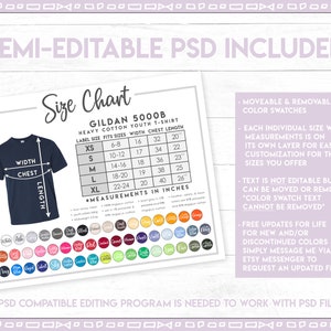 Semi Editable G500B Size Chart Color Chart Heavy Cotton Youth T-shirt ...
