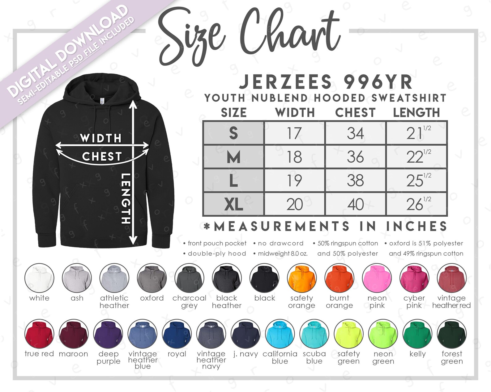 Semi-editable Jerzees 996YR Size + Color Chart • Jerzees Youth Hooded ...