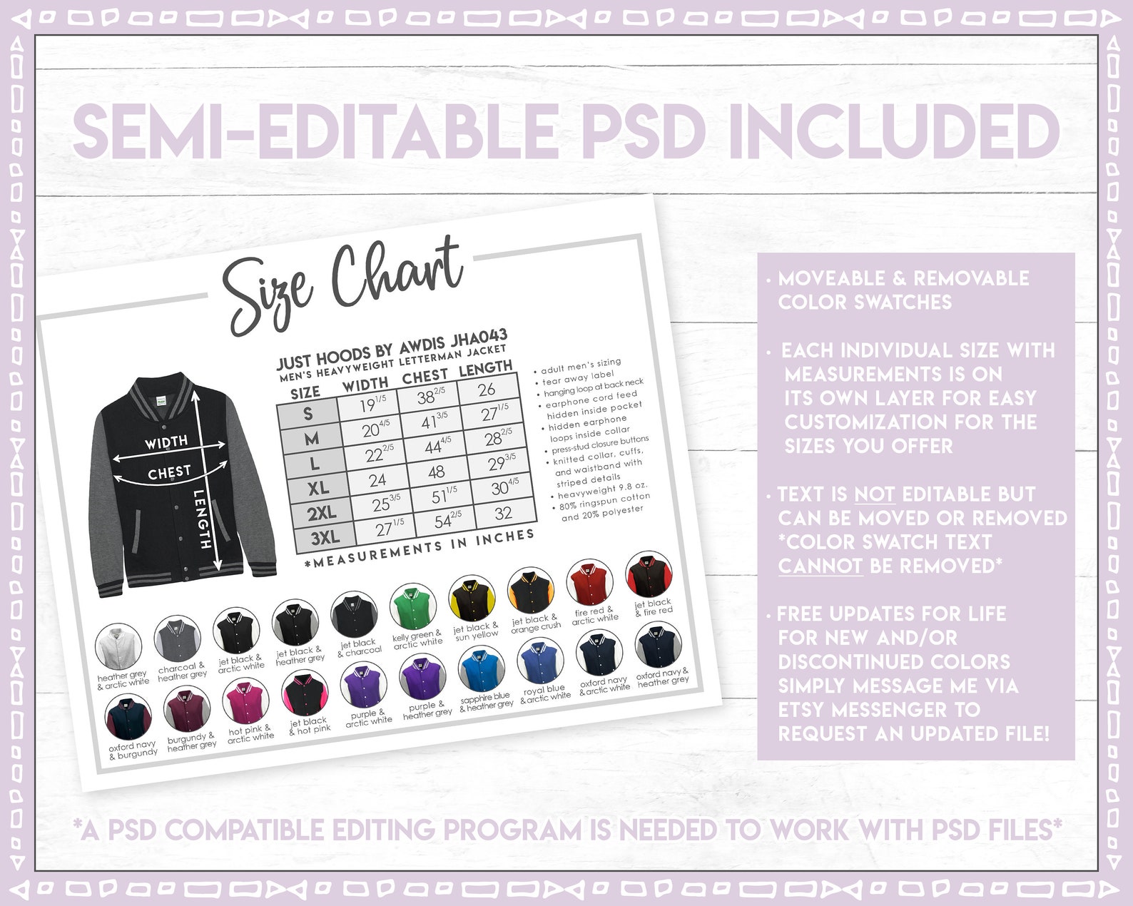 Semi-editable Just Hoods by Awdis JHA043 Size Color Chart | Etsy