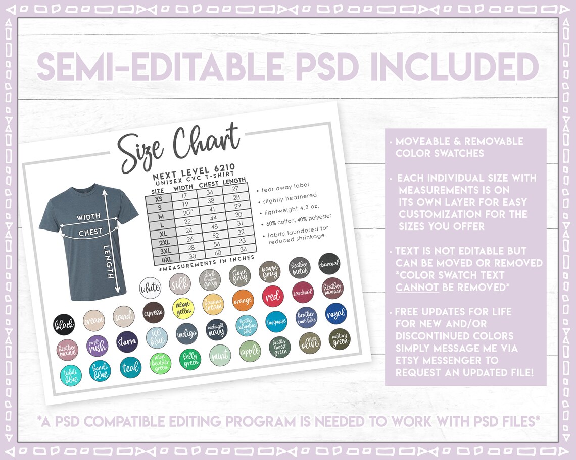 Semi-editable Next Level 6210 Size Color Chart 2 Versions | Etsy