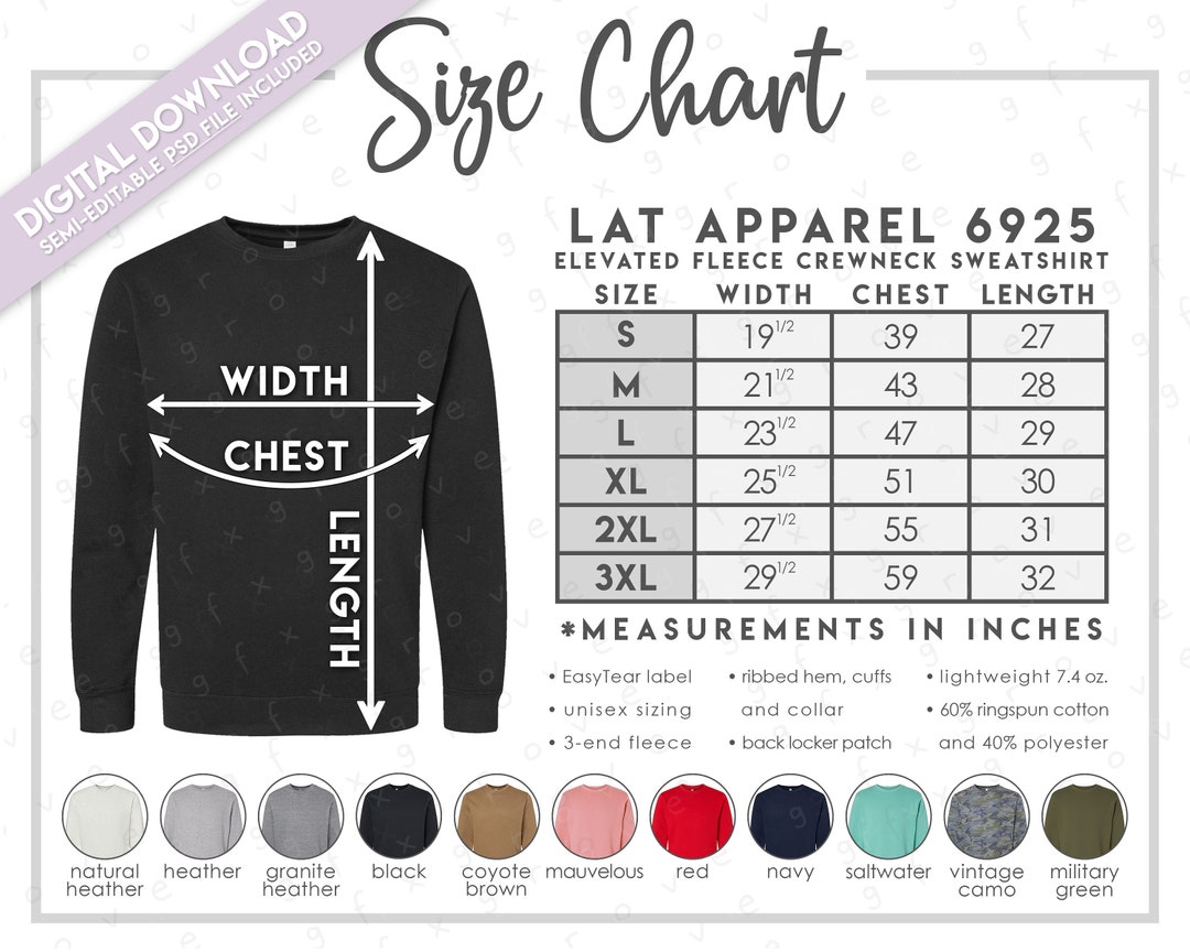 Semi-editable LAT Apparel 6925 Size + Color Chart • LAT Elevated Fleece ...