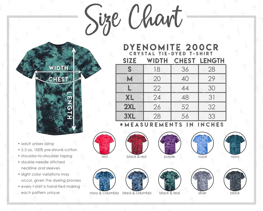 Dyenomite 200CR Size + Color Chart • Dyenomite Crystal T-shirt Size ...