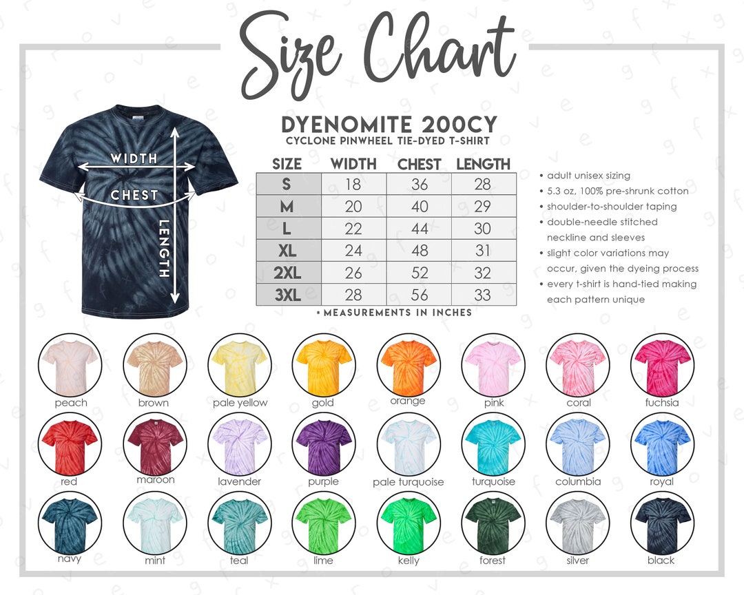 Dyenomite 200CY Size + Color Chart • Dyenomite Cyclone Pinwheel T-shirt ...