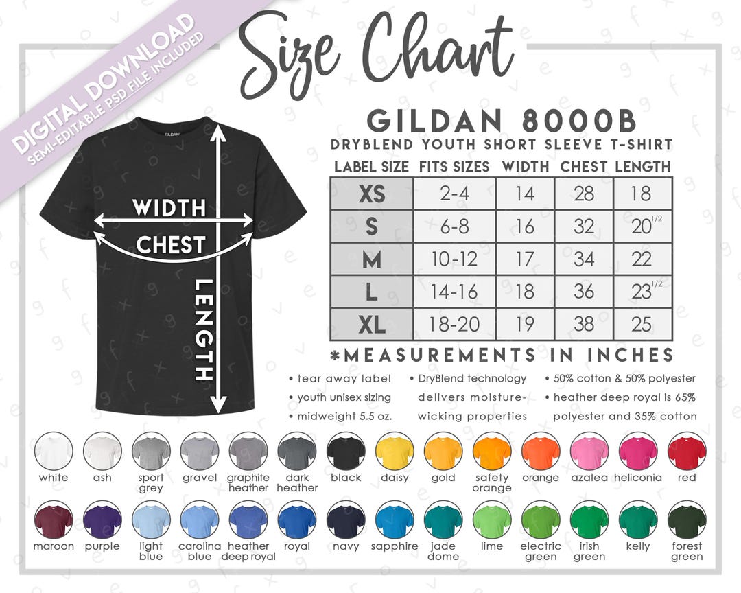 Semi-editable 8000B Size Chart + Color Chart • 8000B Youth Dryblend T ...
