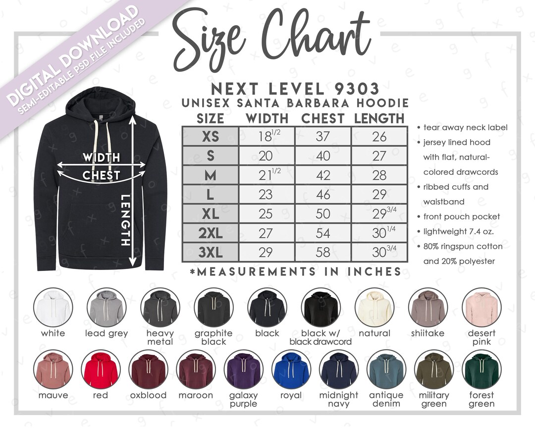 Semi-editable Next Level 9303 Size + Color Chart • Next Level Unisex ...