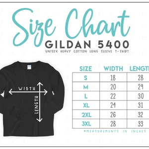 5400 Size Chart • Adult Unisex Heavy Cotton Long Sleeve T-shirt Size ...