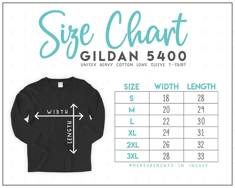 5400 Size Chart • Adult Unisex Heavy Cotton Long Sleeve T-shirt Size ...