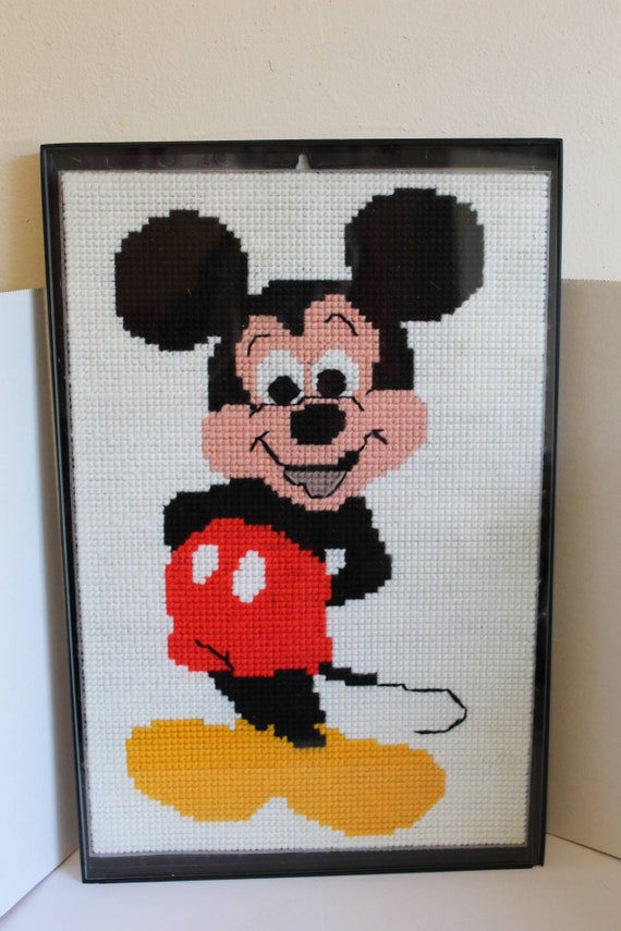 Mickey Mouse Finished Cross Stitch Crewel Picture Framed | Etsy