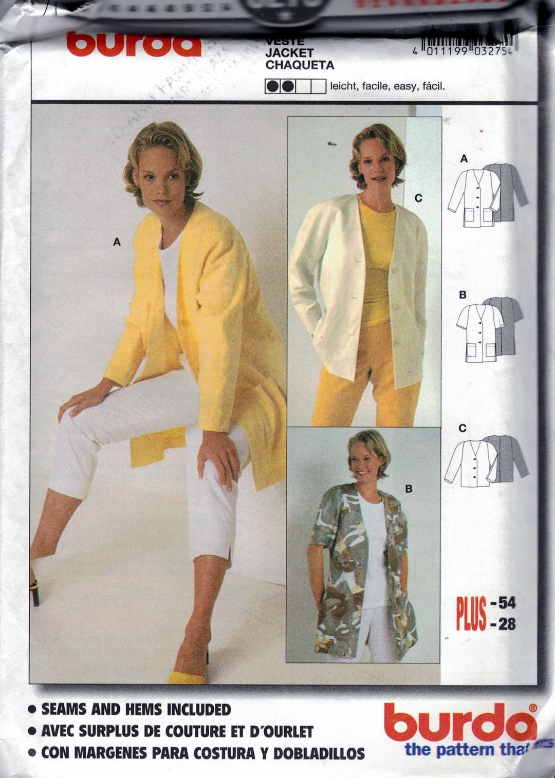 Burda 3275 Misses' Loose Fitting Jacket, Sizes 10-28, Factory Folded - Etsy