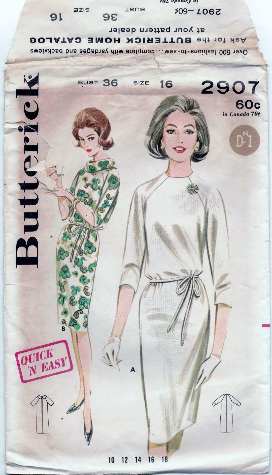 Butterick 2907 - Quick 'N Easy Shift Dress With Neckline Options - Size ...